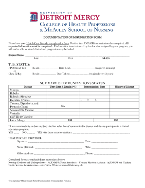 Fillable Online healthprofessions udmercy Documentation of Immunization ...