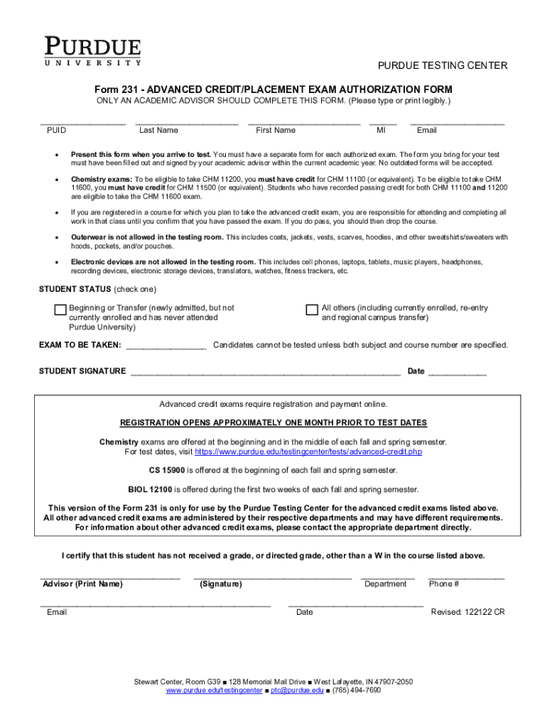 Fillable Online ag.purdue.edudepartmentagryForm 231 - ADVANCED CREDIT/PLACEMENT EXAM ...