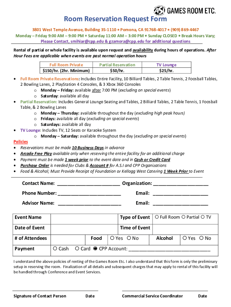 Fillable Online Room Reservation Request Form. Room Reservation Request Form Fax Email Print ...