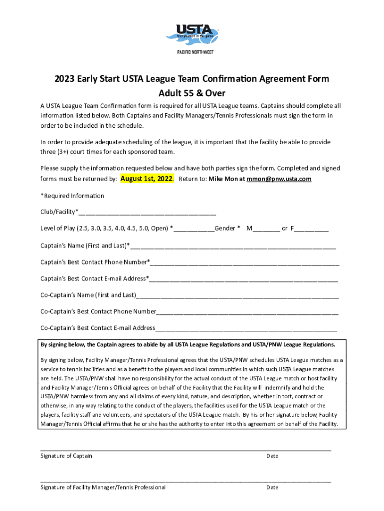 Fillable Online 2023 Early Start USTA League Team Confirma on Agreement ... Fax Email Print ...