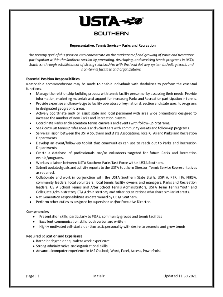 Fillable Online Representative, Tennis Service Parks and Recreation - USTA Fax Email Print ...