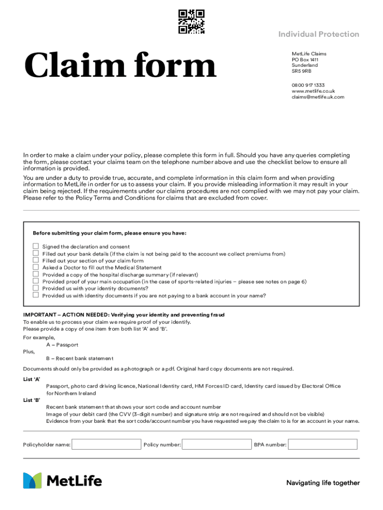 Fillable Online File a ClaimMetLifeContact UsMetLifeContact ...