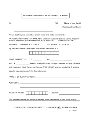 Fillable Online Thurrock Council - Standing order form for payment of ...