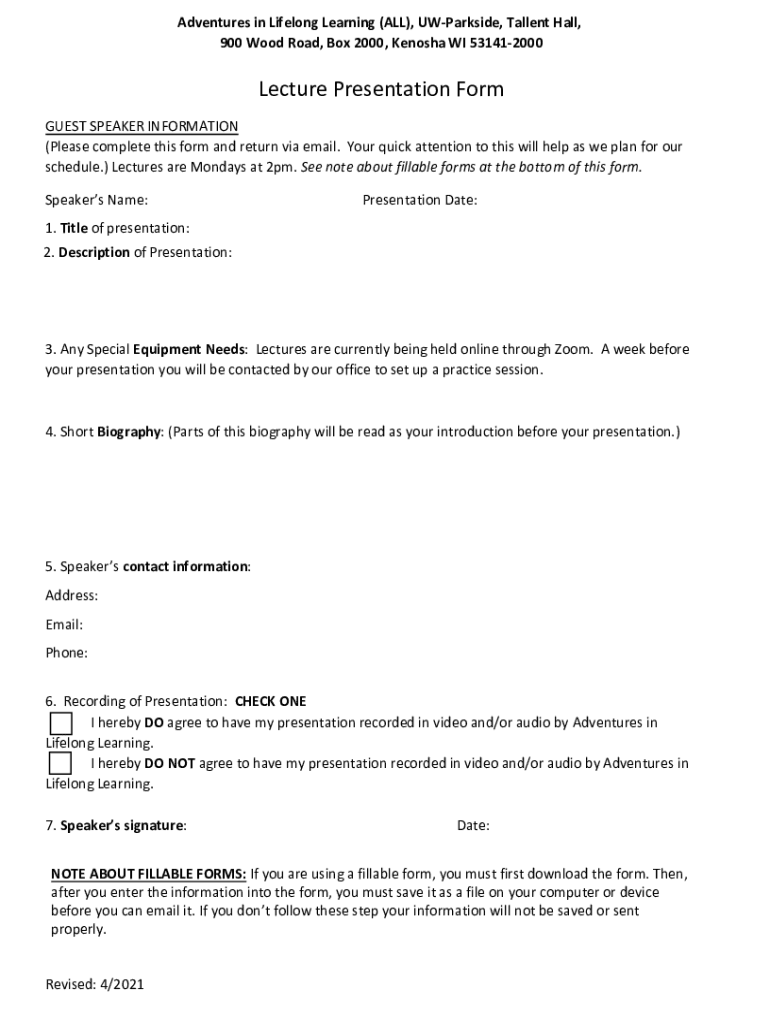 Fillable Online Lecture Presentation Form - UW-Parkside Fax Email Print - pdfFiller