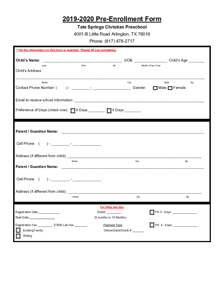 Fillable Online 2019-2020 Pre-Enrollment Form - Thryv Fax Email Print ...