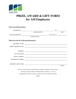 Fillable Online Prize, Award & Gift Form for ASI Employees. Prize ...