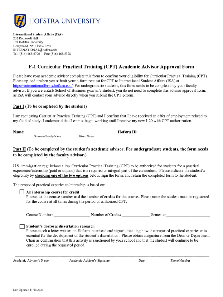 Fillable Online F-1 Curricular Practical Training (CPT) Academic Advisor Approval Form Fax Email ...
