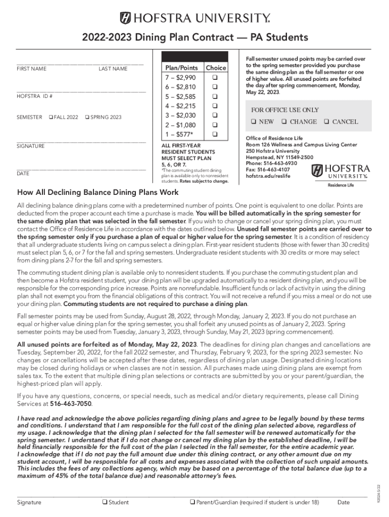 Fillable Online 2022-2023 Dining Plan Change Form - Hofstra University ...
