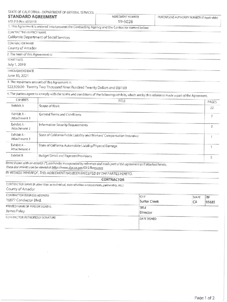 Fillable Online STD 213 (Rev. 03/2019) AGREEMENT NUMBER ...