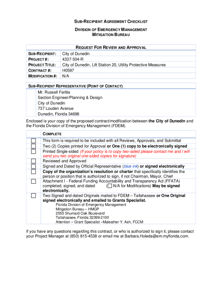 Fillable Online Subrecipient Award/Agreement Checklist for Notice of ...
