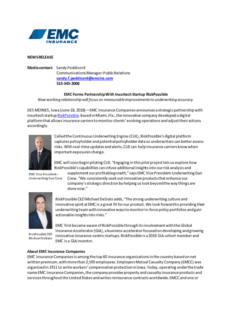 Fillable Online EMC Forms Partnership With Insurtech Startup RiskPossible Fax Email Print ...