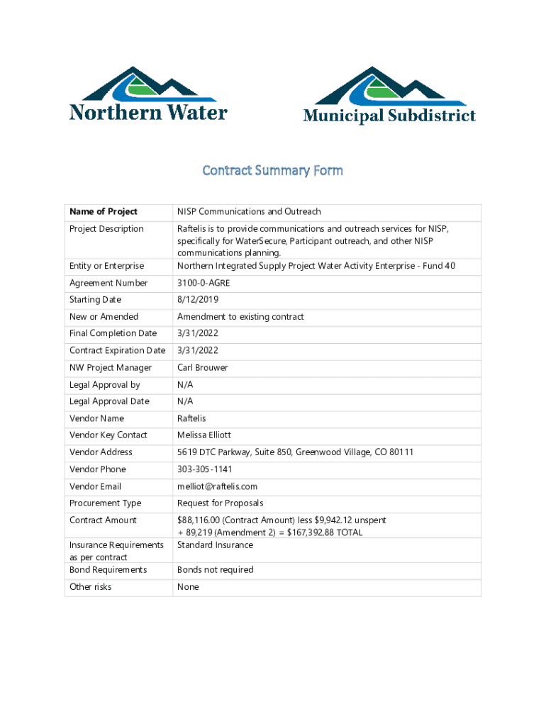 Fillable Online Contract Summary Form TemplatePDFElementary And ...