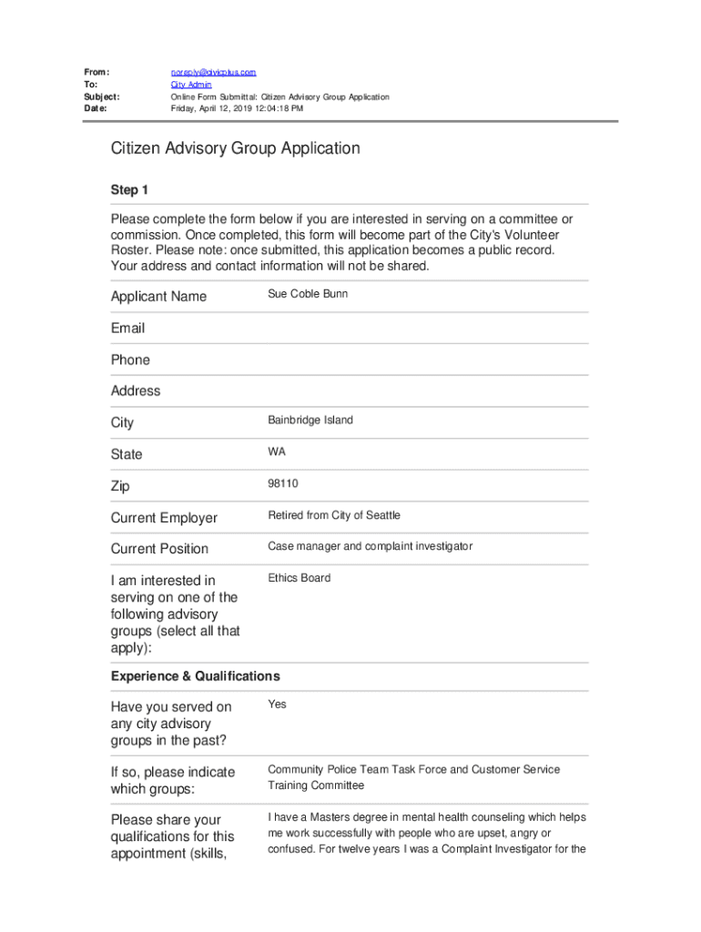 Fillable Online Ethics Board - Citizen Advisory Group Application Fax ...