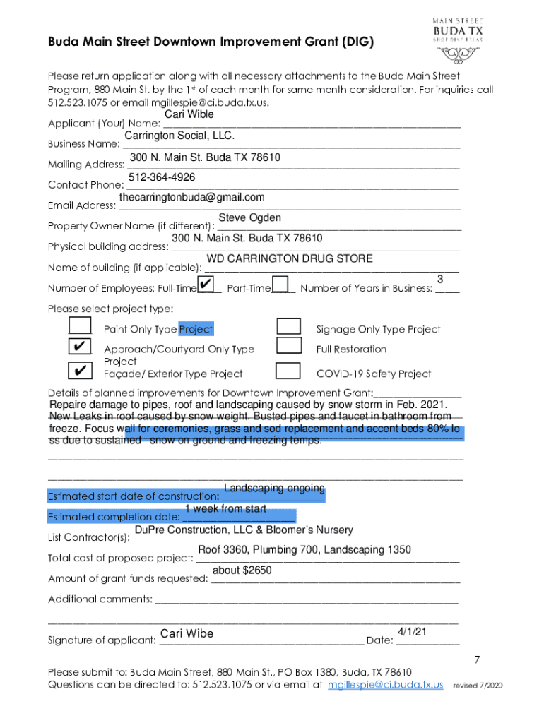 Fillable Online Fillable Online Buda Main Street Downtown Improvement ...