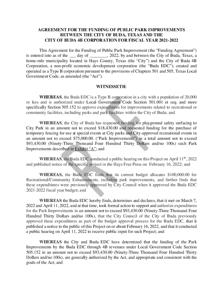 Fillable Online agreement for the funding of public park improvements Fax Email Print - pdfFiller