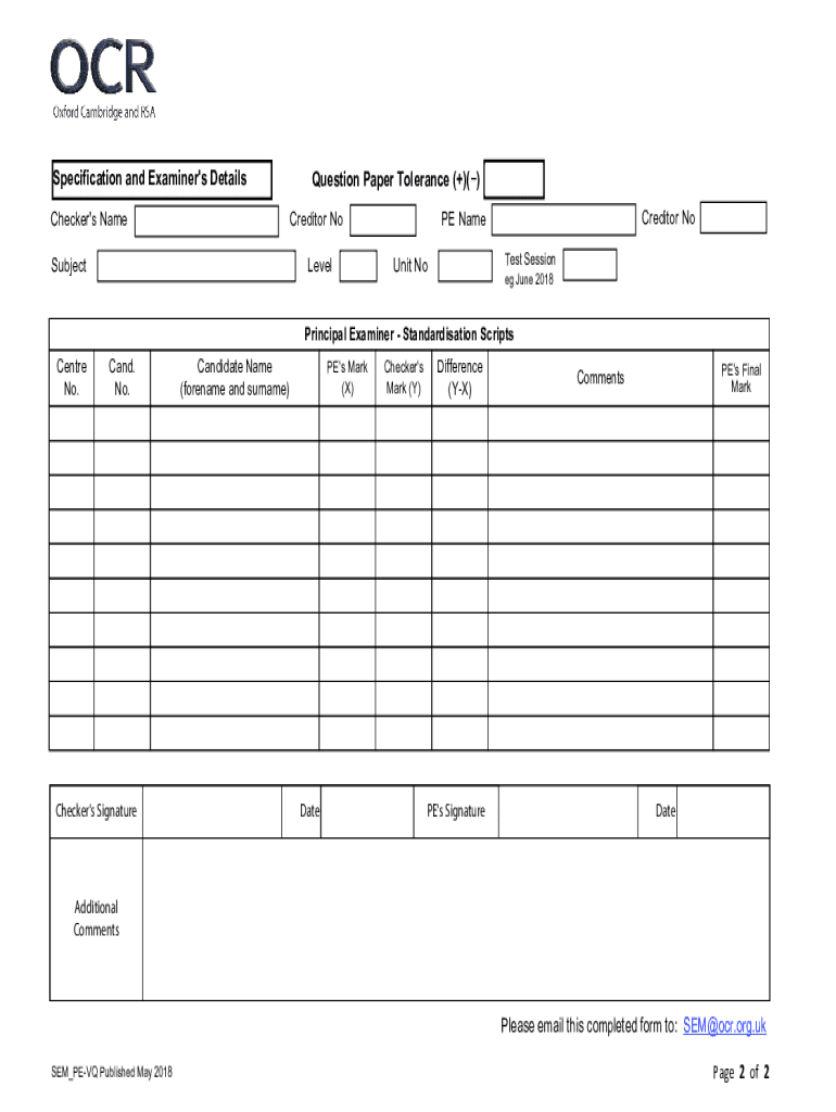 Fillable Online SEM form Check of the Principal Examiner (PE) marking - OCR Fax Email Print ...