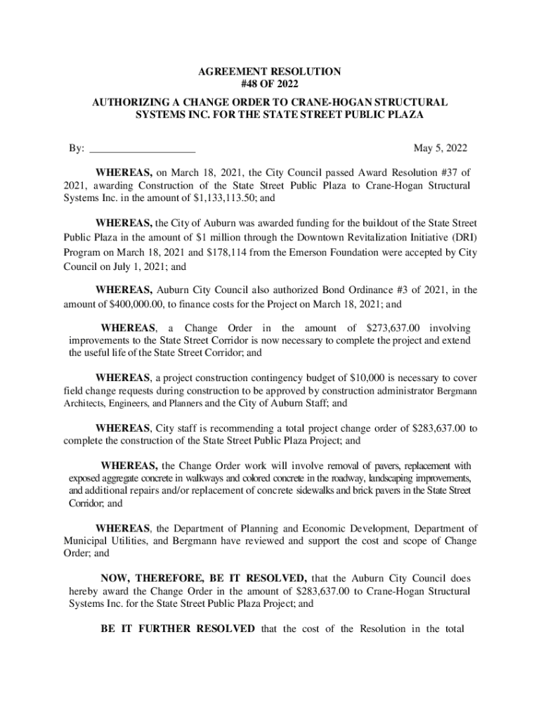 Fillable Online AGREEMENT RESOLUTION #48 OF 2022 AUTHORIZING A CHANGE ORDER TO CRANE ... Fax ...