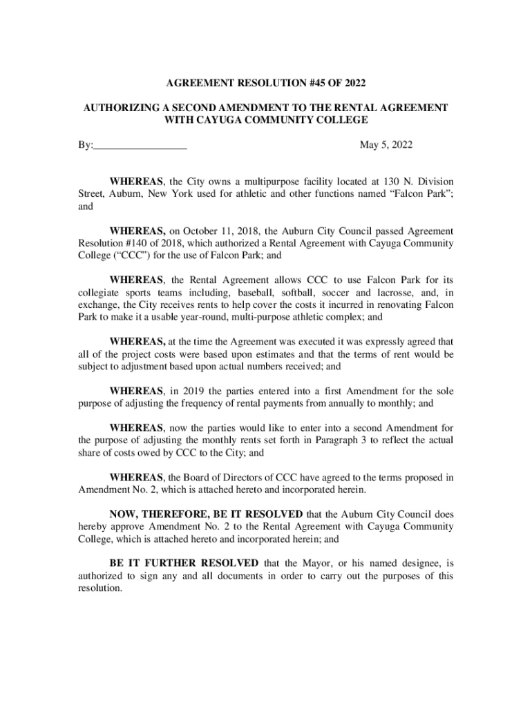 Fillable Online agreement resolution #45 of 2022 authorizing a second ... Fax Email Print ...