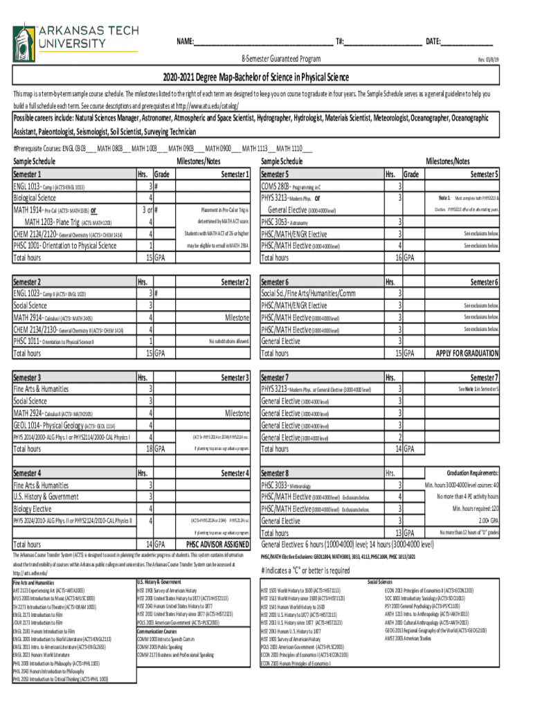 Fillable Online 2020-2021 Degree Map-Bachelor of Science in Physical ...