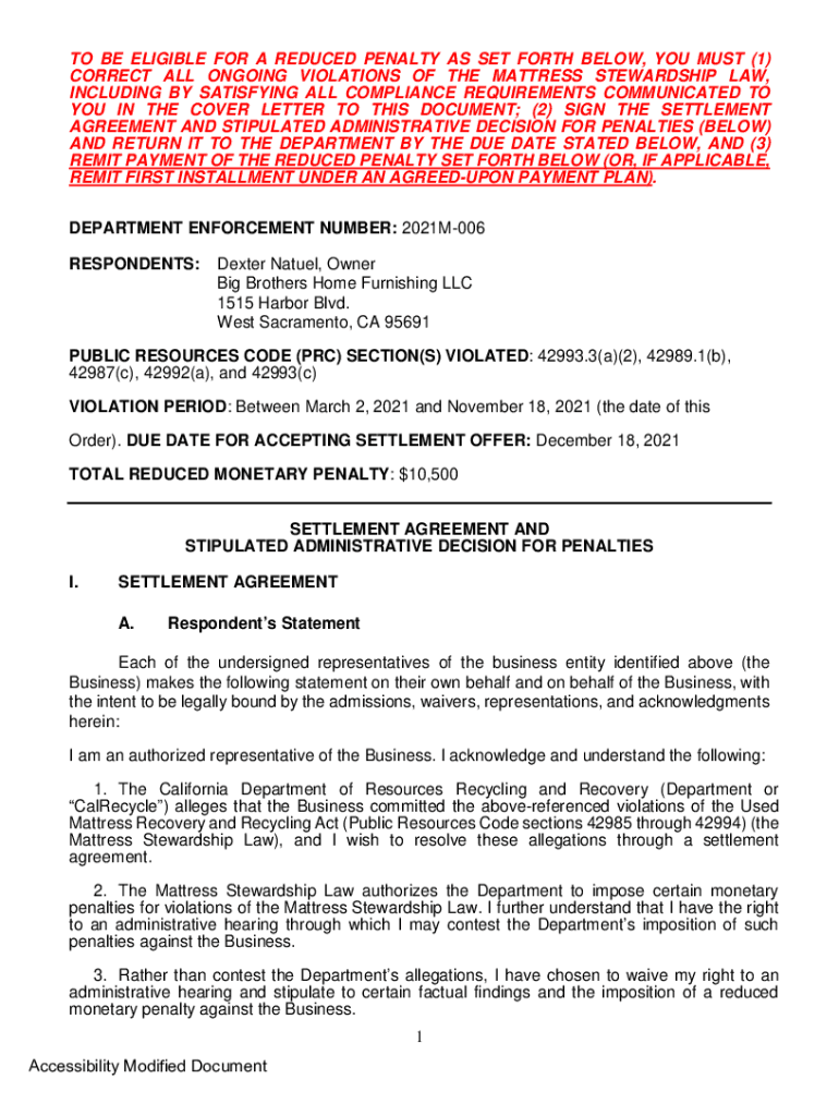 Fillable Online www2 calrecycle ca Stipulation Decision Order and Acknowledgment for Big ...