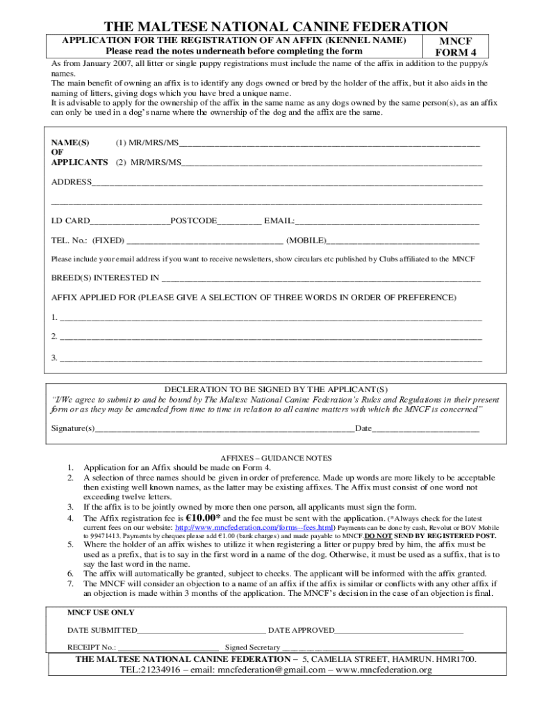 Fillable Online THE MALTESE NATIONAL CANINE FEDERATION FORM 3 ...