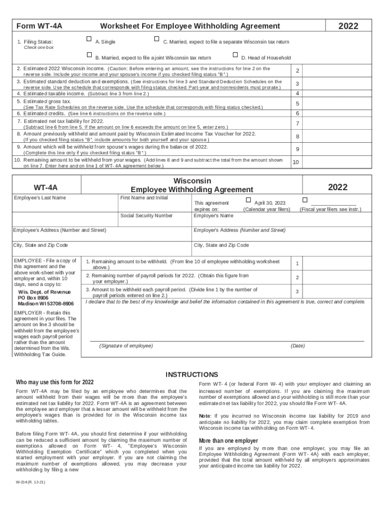 WT-4A (W-234) "Worksheet for Employee Withholding Agreement ... Doc ...