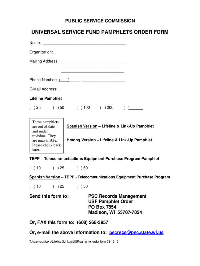 Fillable Online psc wi UNIVERSAL SERVICE FUND PAMPHLETS ORDER FORM ...