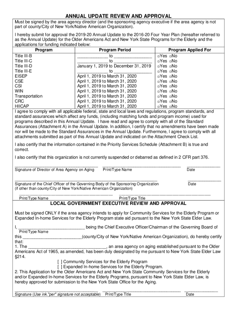 Fillable Online aging ny ANNUAL UPDATE REVIEW AND APPROVAL - Office for ...