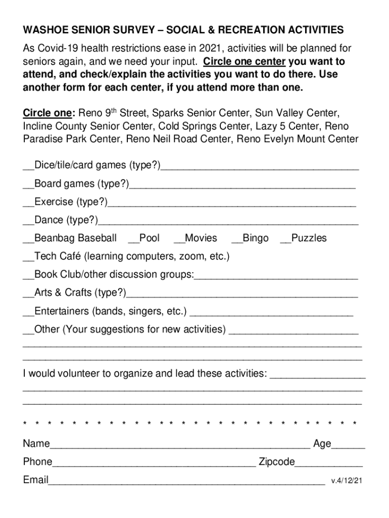 Fillable Online washoe senior survey social & recreation activities Fax ...