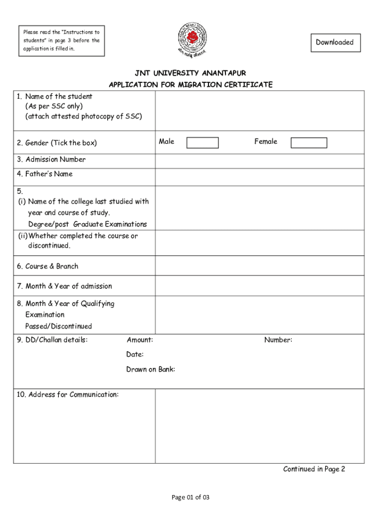 Fillable Online aitskadapa ac JNT UNIVERSITY ANANTAPUR APPLICATION FOR ...