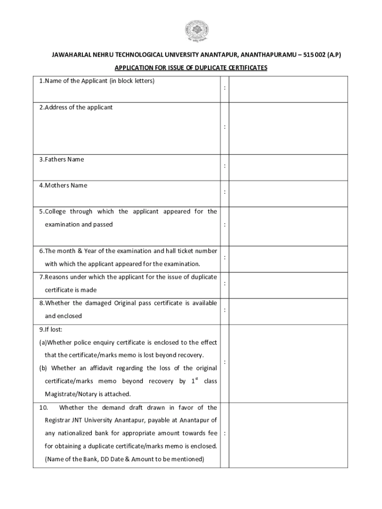 Fillable Online aitskadapa ac 515 002 (A.P) 1. Name of the Applicant (in block letters) Fax ...