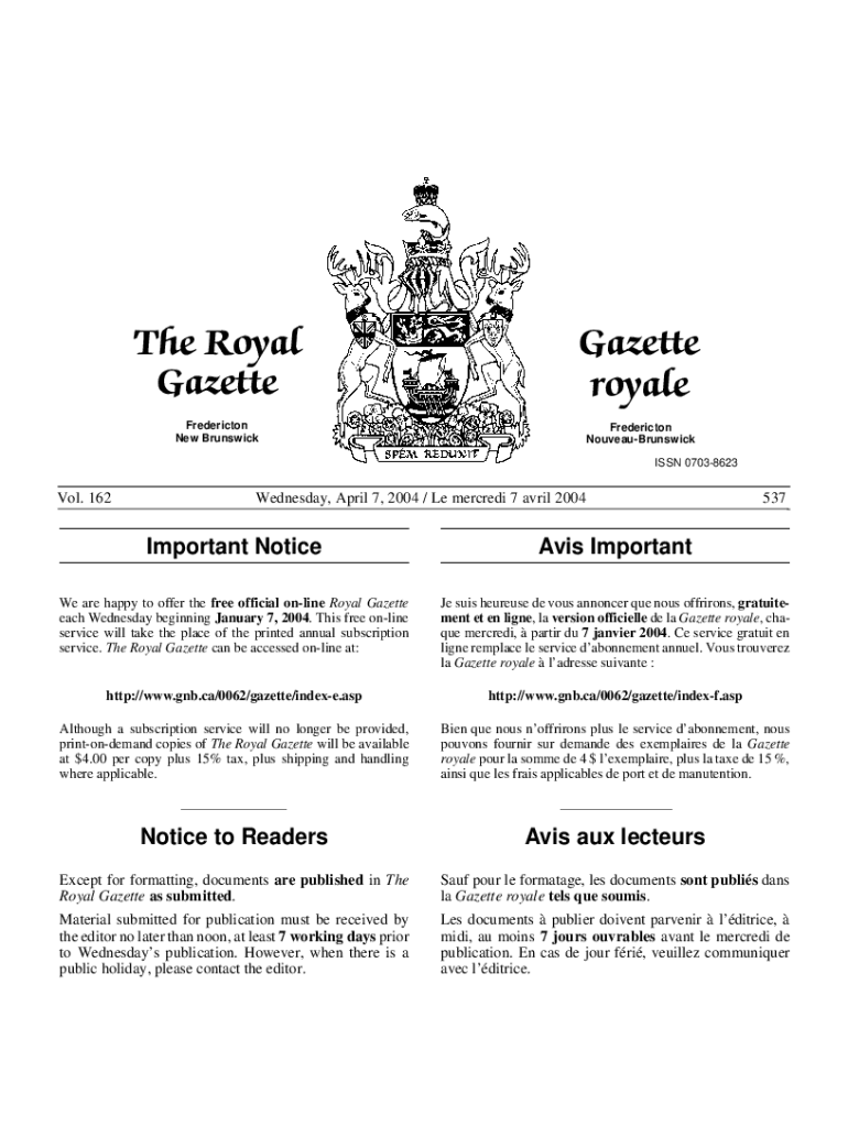 Fillable Online The Royal Gazette / Gazette royale (07/04/18)The Royal ...