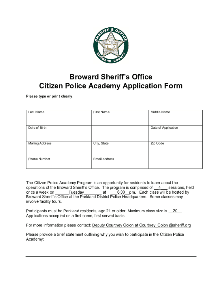 Fillable Online Broward Sheriffs Office Citizen Police Academy ...