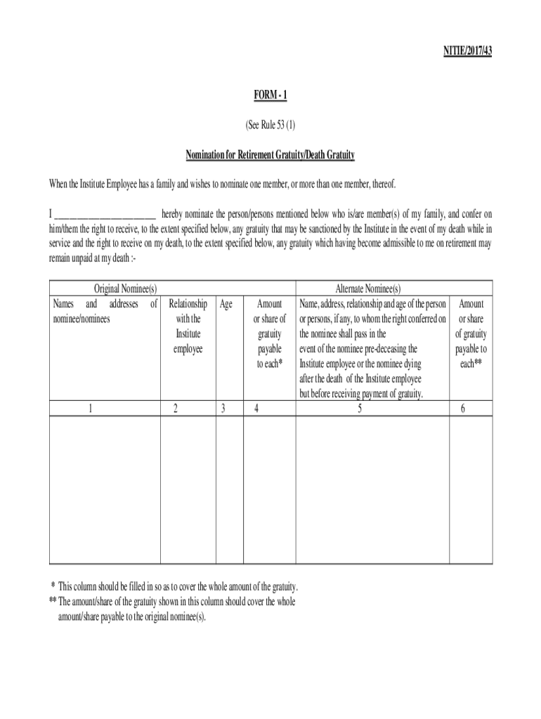Fillable Online Form 1-Nomination for Retirement Gratuity/Death ...