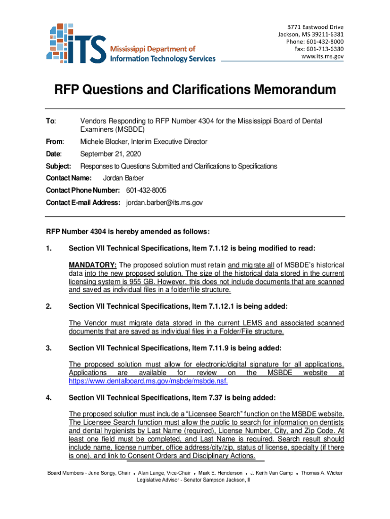 Fillable Online rfps its ms RFP Questions and Clarifications Memorandum ...