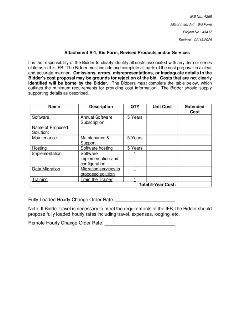 Fillable Online rfps its ms Attachment A-1, Bid Form, Revised Products and Services Fax Email ...