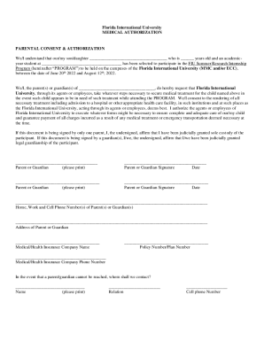 Fillable Online Florida International University MEDICAL AUTHORIZATION PARENTAL CONSENT ... Fax ...