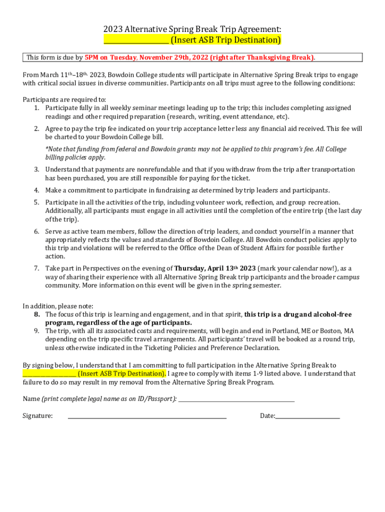 Fillable Online 2023 Alternative Spring Break Trip Agreement: (Insert ...