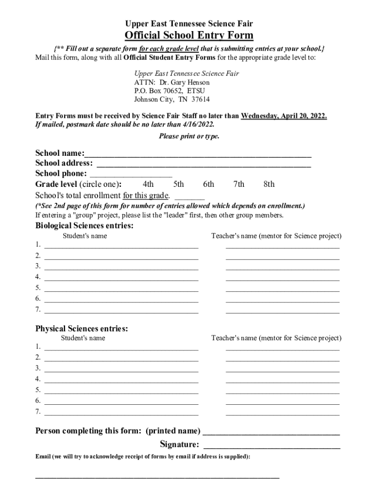 Fillable Online Fillable Online etsu upper east tennessee science fair form Fax Email ... Fax ...