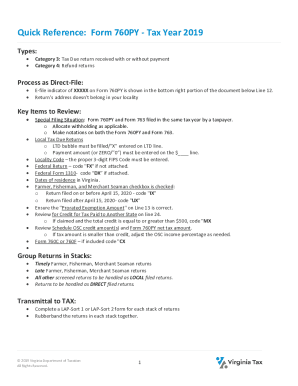 Fillable Online Quick Reference: Form 760PY - Tax Year 2019 - Virginia ...