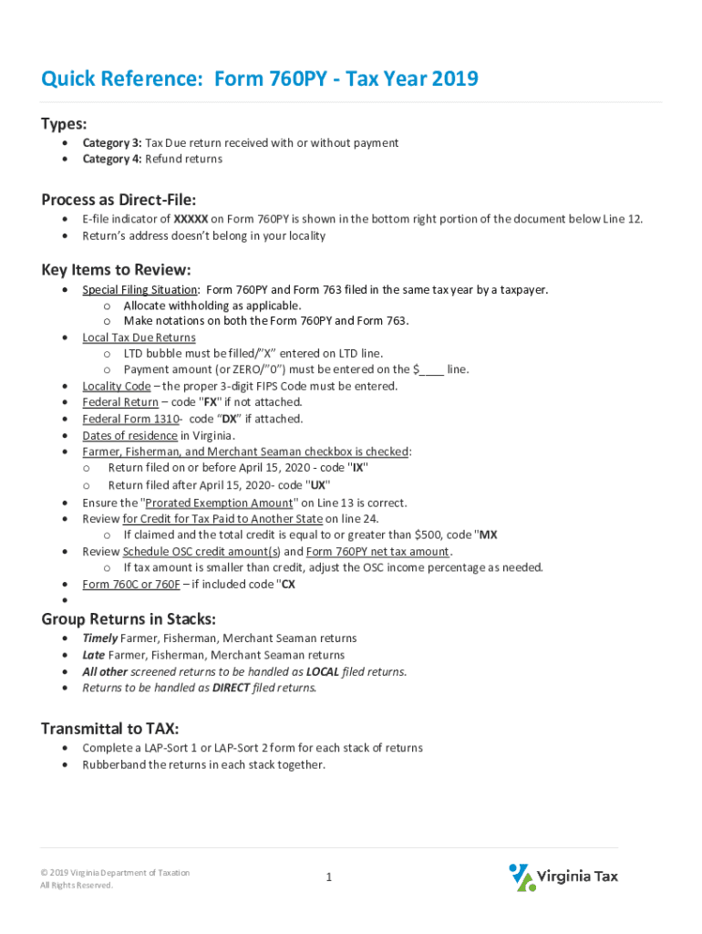 Fillable Online Quick Reference: Form 760PY - Tax Year 2019 - Virginia ...