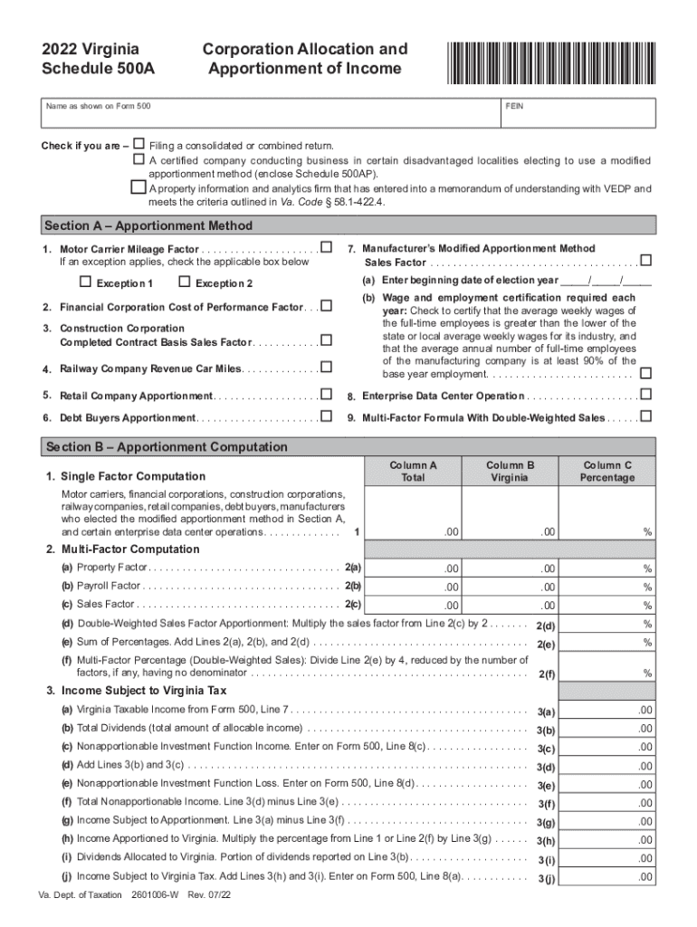 Fillable Online Instructions for Schedule 500A "Allocation and ...