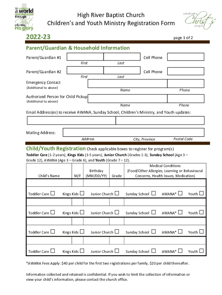 Fillable Online Children and Youth Ministry - Registration Form ...
