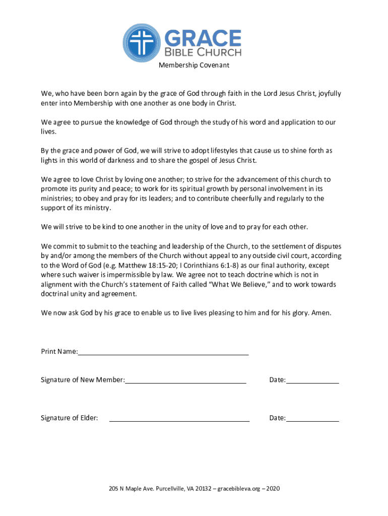 Fillable Online Signing A Covenant For Membership?Grace thru faith Fax ...