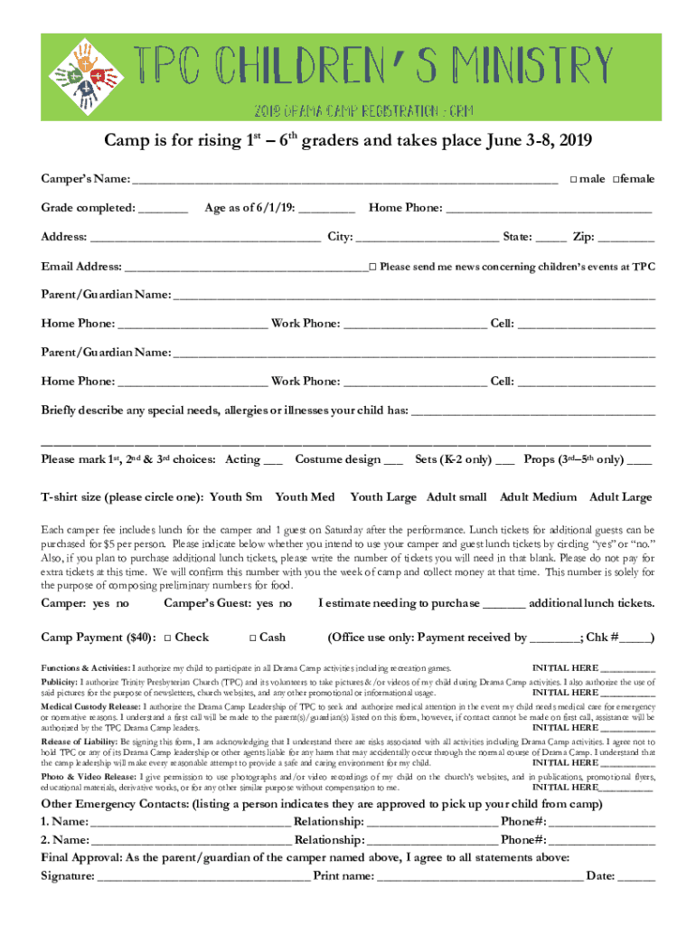 Fillable Online Camp is for rising 1st 6th graders and takes place June 3-8 ... Fax Email Print ...