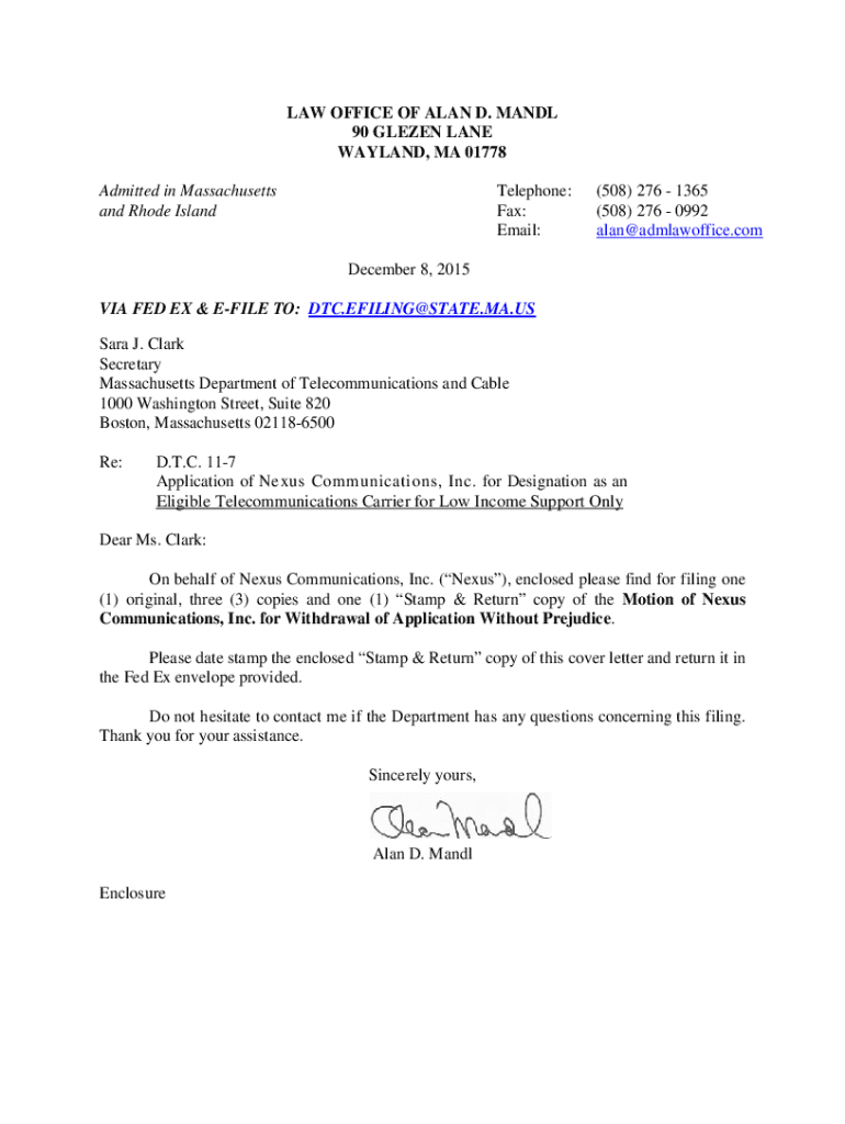 Fillable Online LAW OFFICE OF ALAN D. MANDL 90 GLEZEN LANE WAYLAND ...