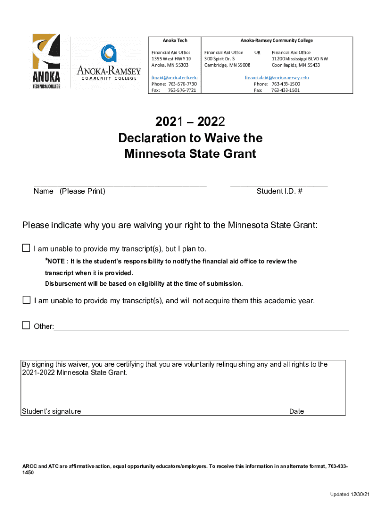 Fillable Online 2021 2022 Declaration to Waive the Minnesota State ...