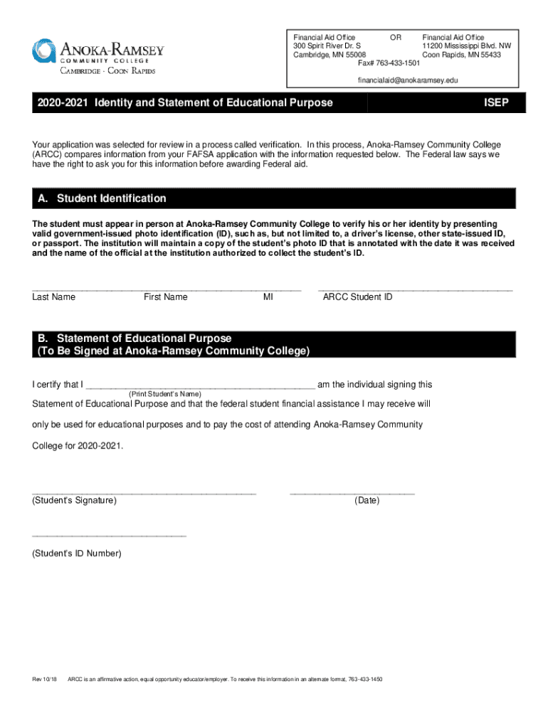 Fillable Online 2020-2021 Identity and Statement of Educational Purpose ISEP A. Student ... Fax ...