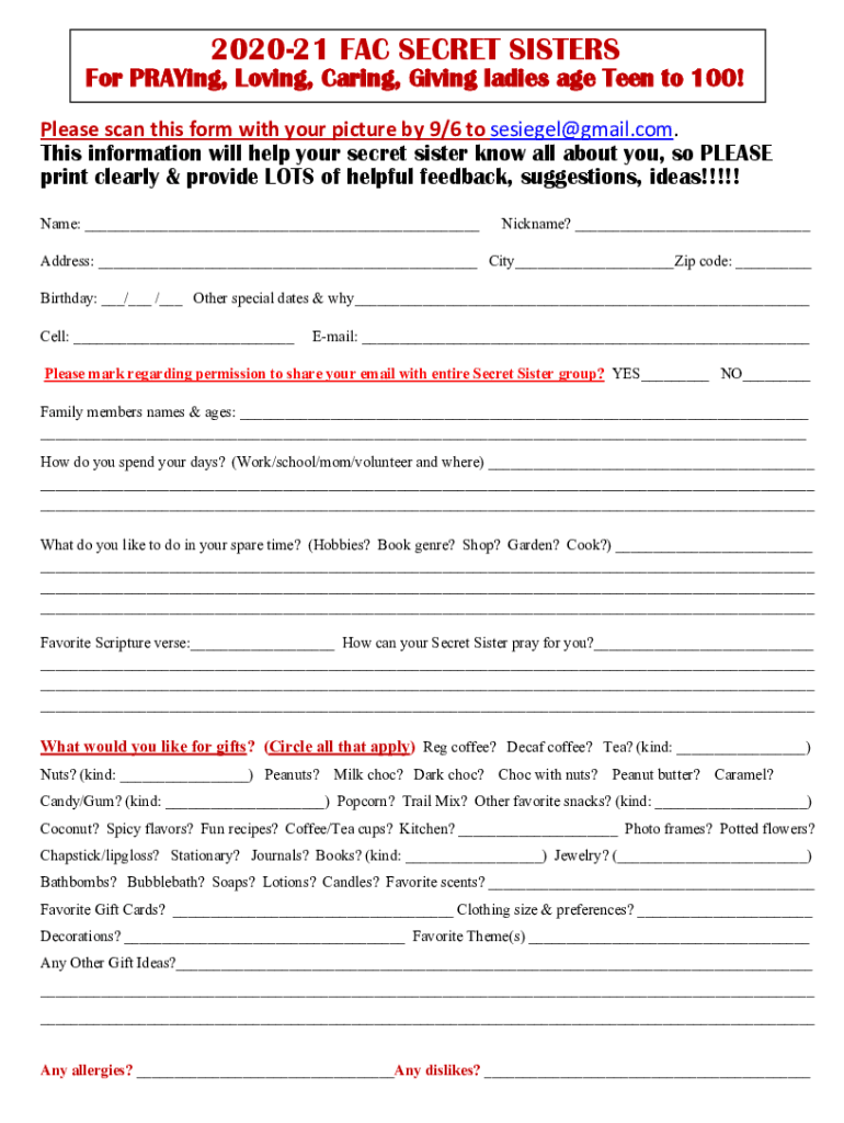 Fillable Online 10 Best Secret Sister Forms Printable - printablee ...