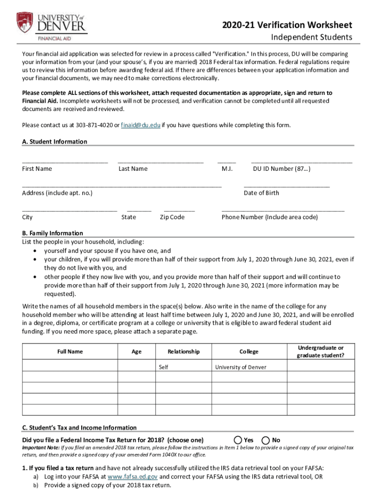 Fillable Online 202021 Independent Student Verifcation Worksheet Fax Email Print - pdfFiller